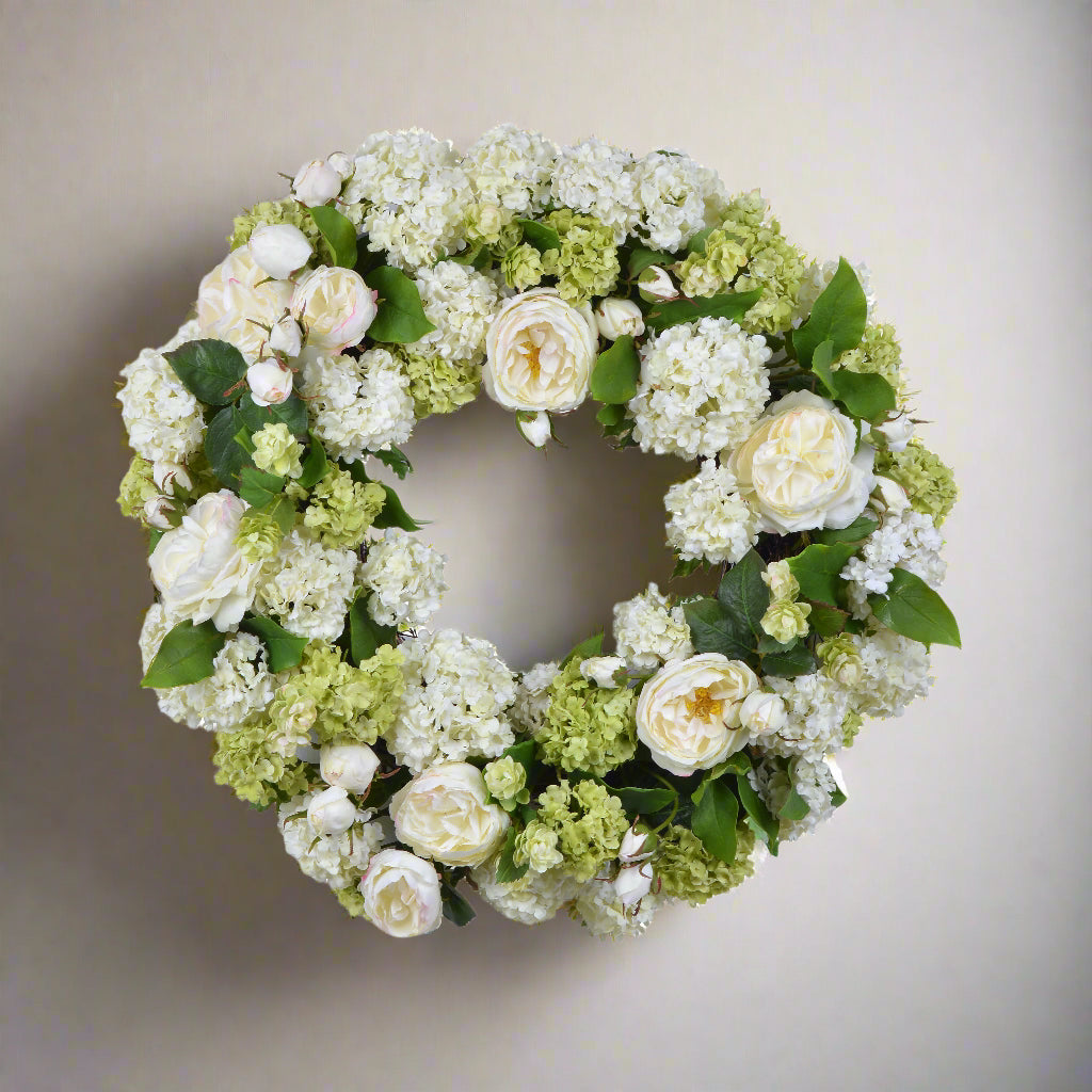 White and Green Snowball Rose Wreath